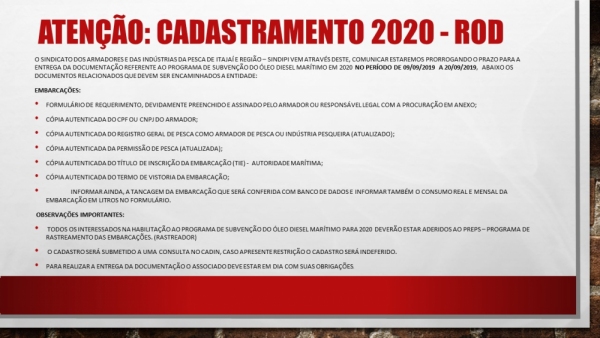 Atenção: Cadastramento ROD 2020!